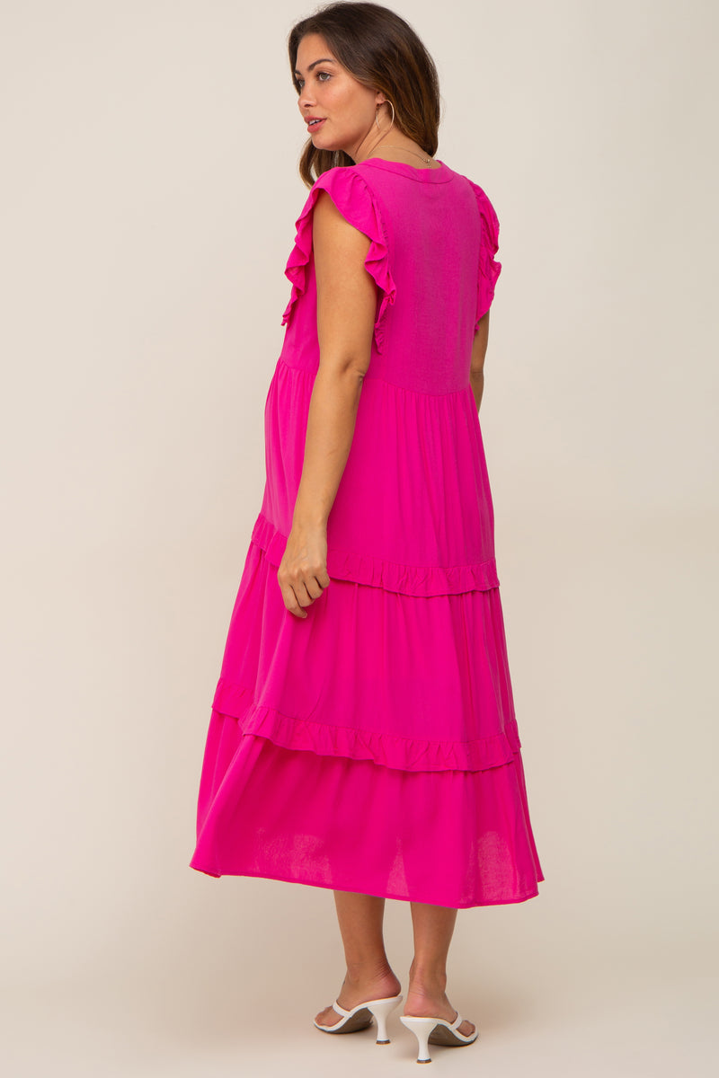 Fuchsia Ruffle Accent Tiered Maternity Midi Dress– PinkBlush