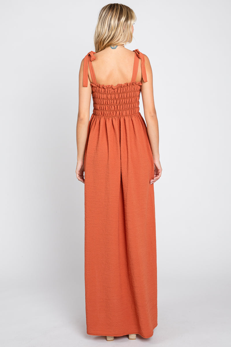 Rust Textured Smocked Shoulder Tie Maxi Dress – PinkBlush