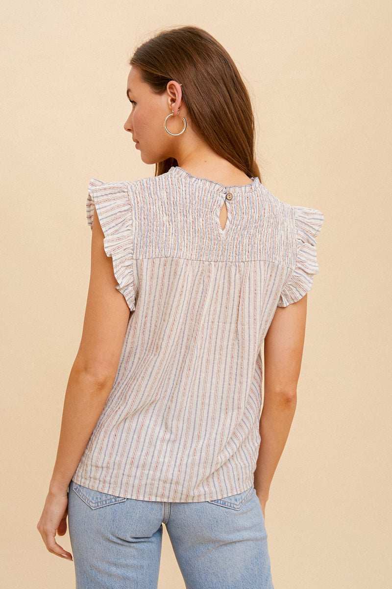 Dusty Blue Multi Stripe Ruffle Smocking Sleeveless Blouse– PinkBlush