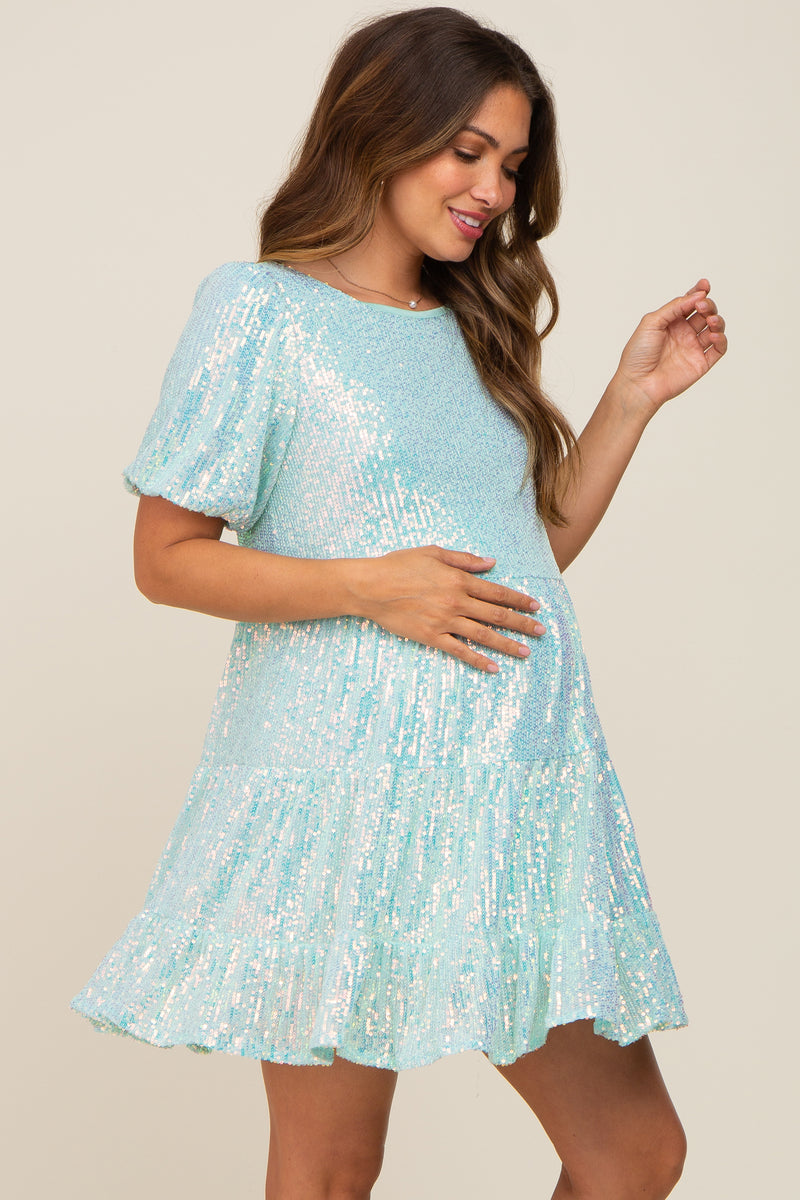 Aqua Sequin Short Sleeve Tiered Maternity Dress – PinkBlush