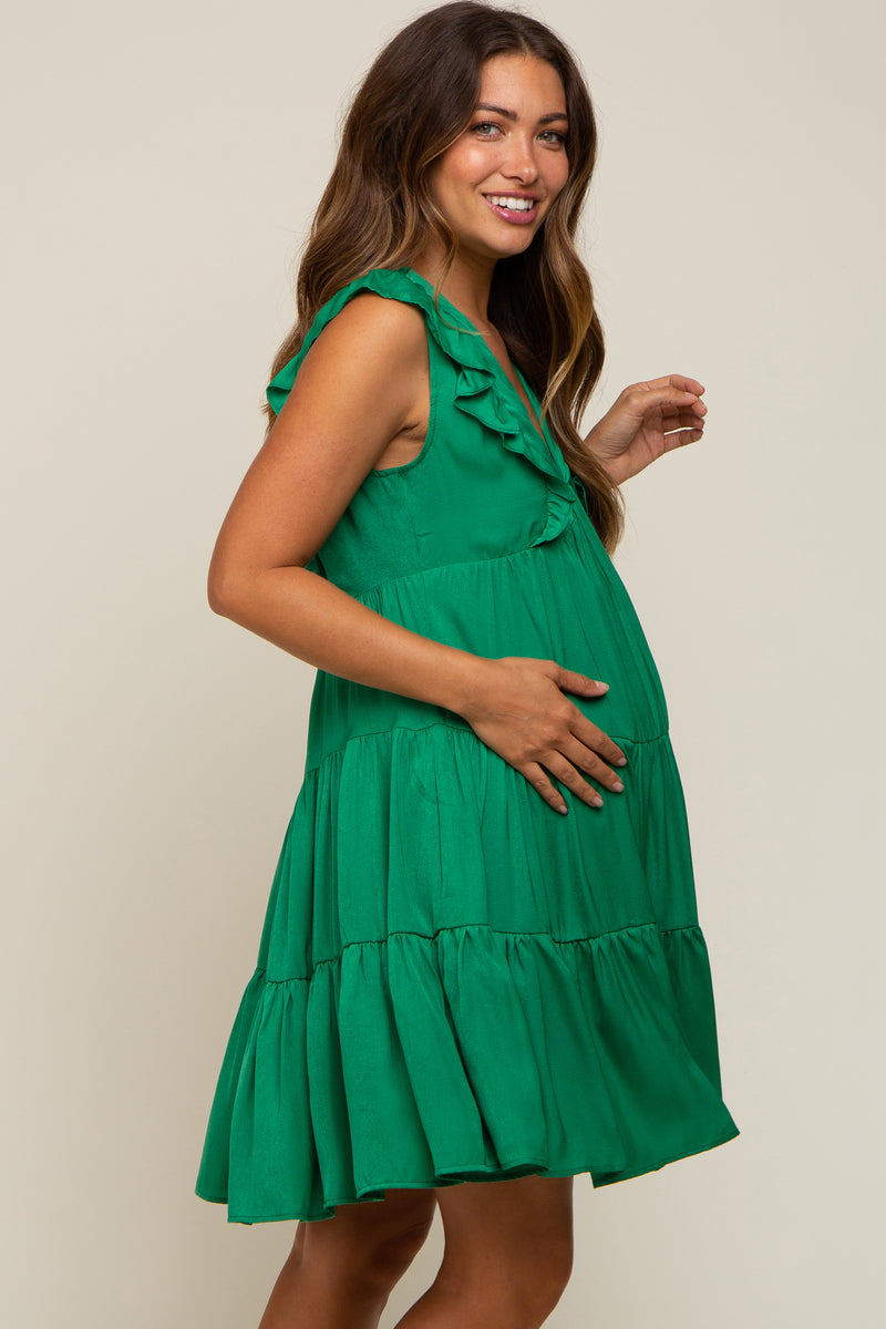 Green Satin Ruffle V-Neck Tiered Maternity Dress– PinkBlush