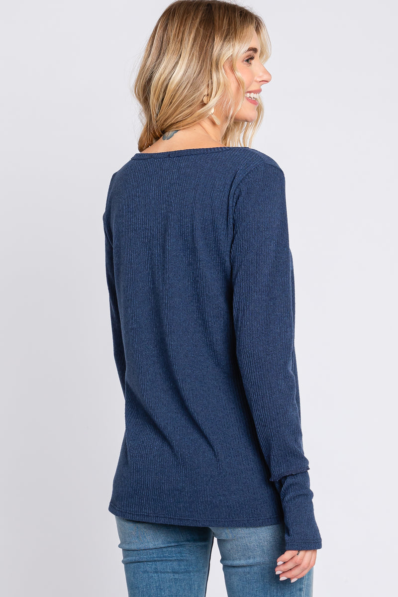 Navy Rib Knit Button Accent Long Sleeve Top – PinkBlush
