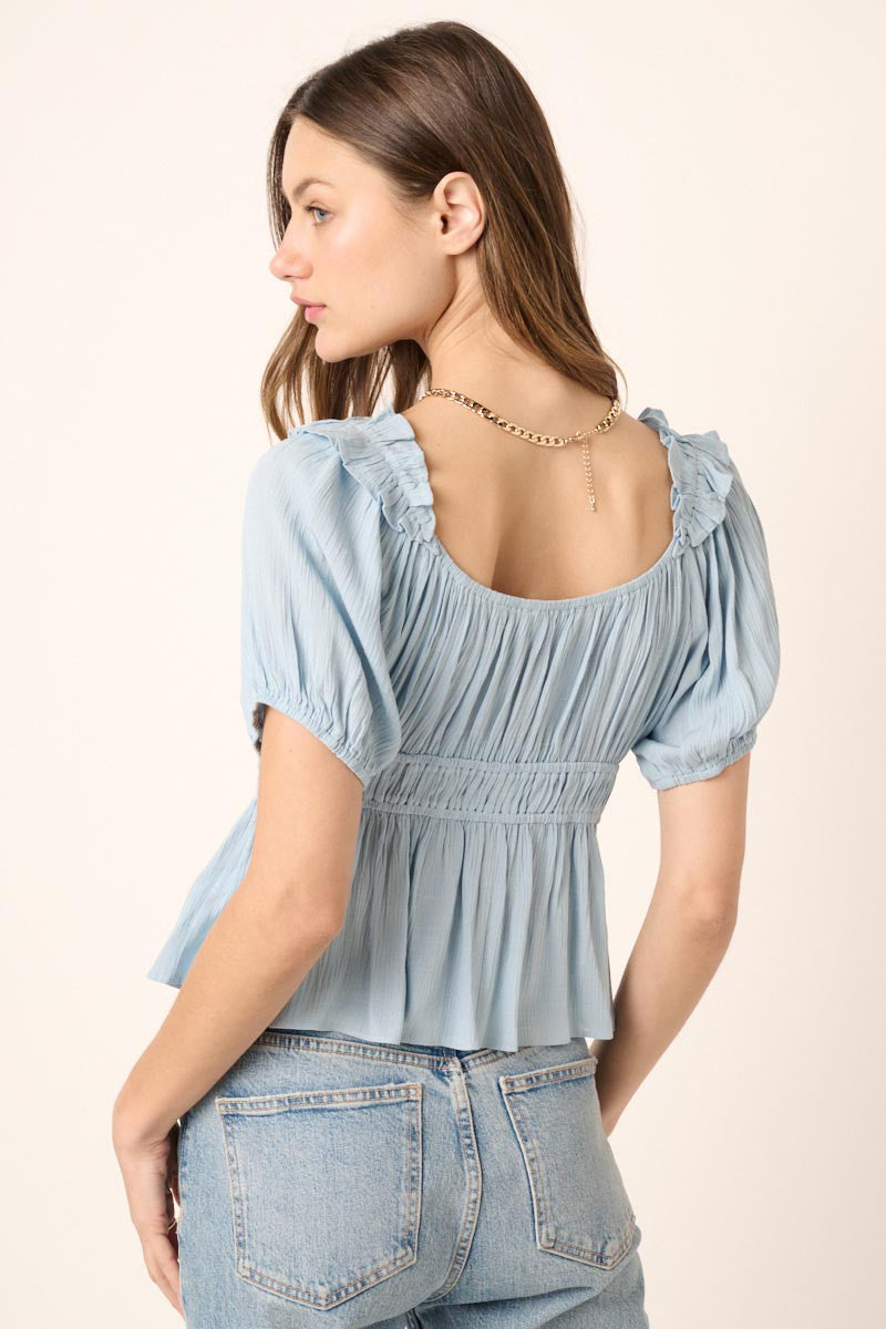 Blue Ruffle Detail Puff Sleeve Peplum Blouse – PinkBlush