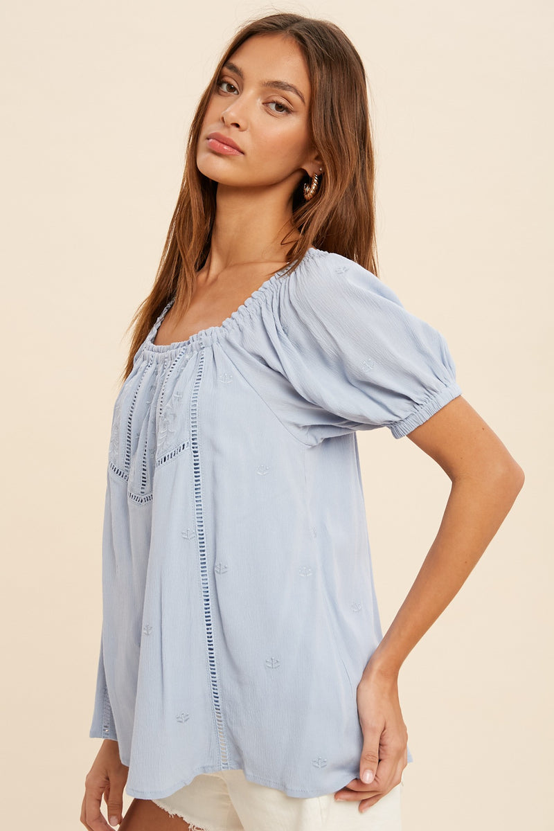 Powder Blue Embroidered Puff Sleeve Peasant Blouse– PinkBlush