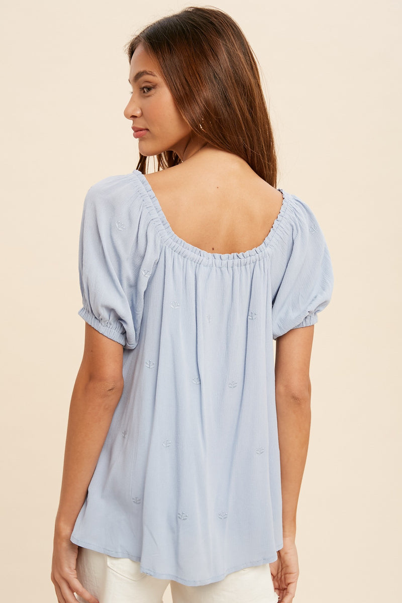 Powder Blue Embroidered Puff Sleeve Peasant Blouse– PinkBlush