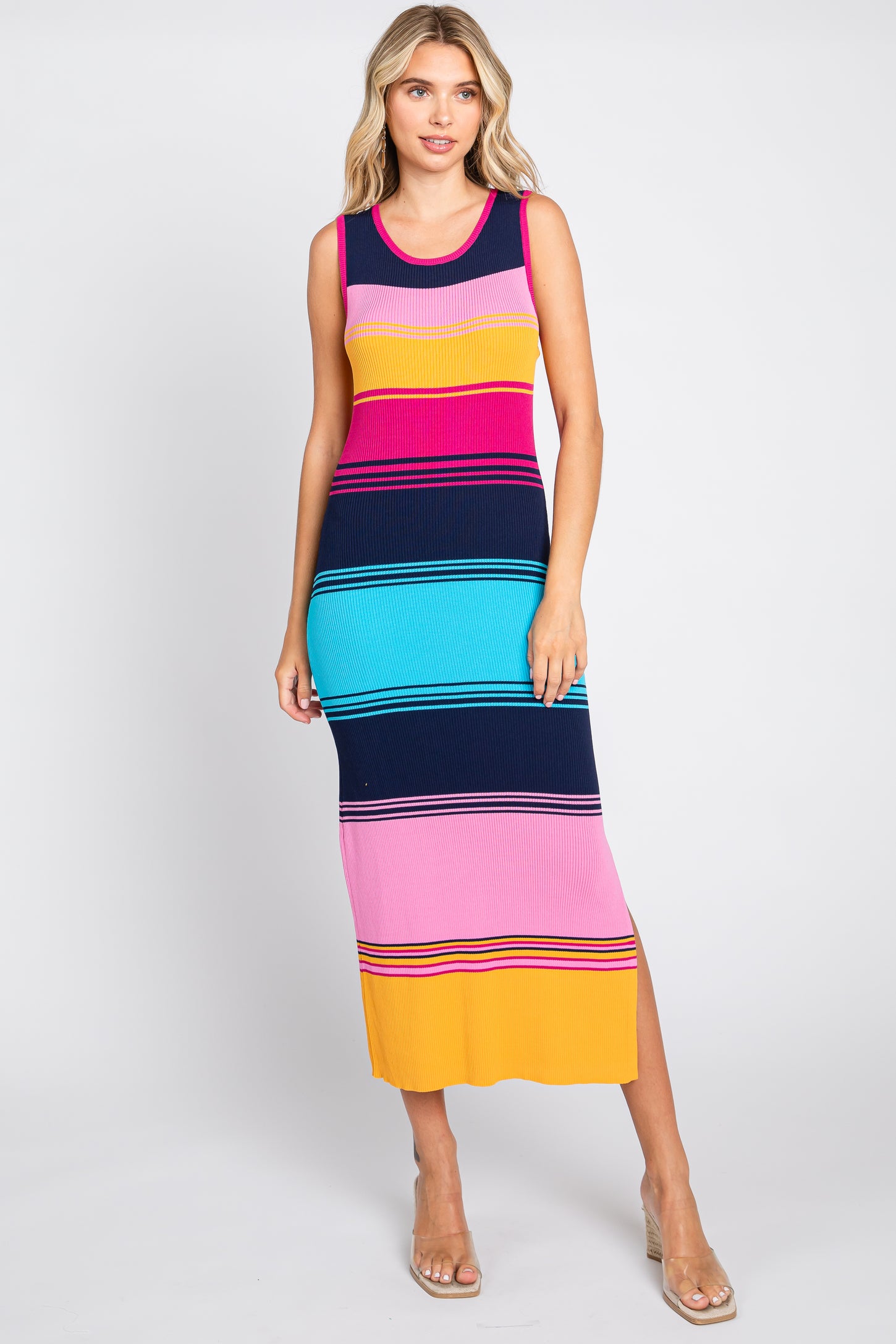 Multi-Colored Stripe Ribbed Side Slit Maternity Midi Dress – PinkBlush