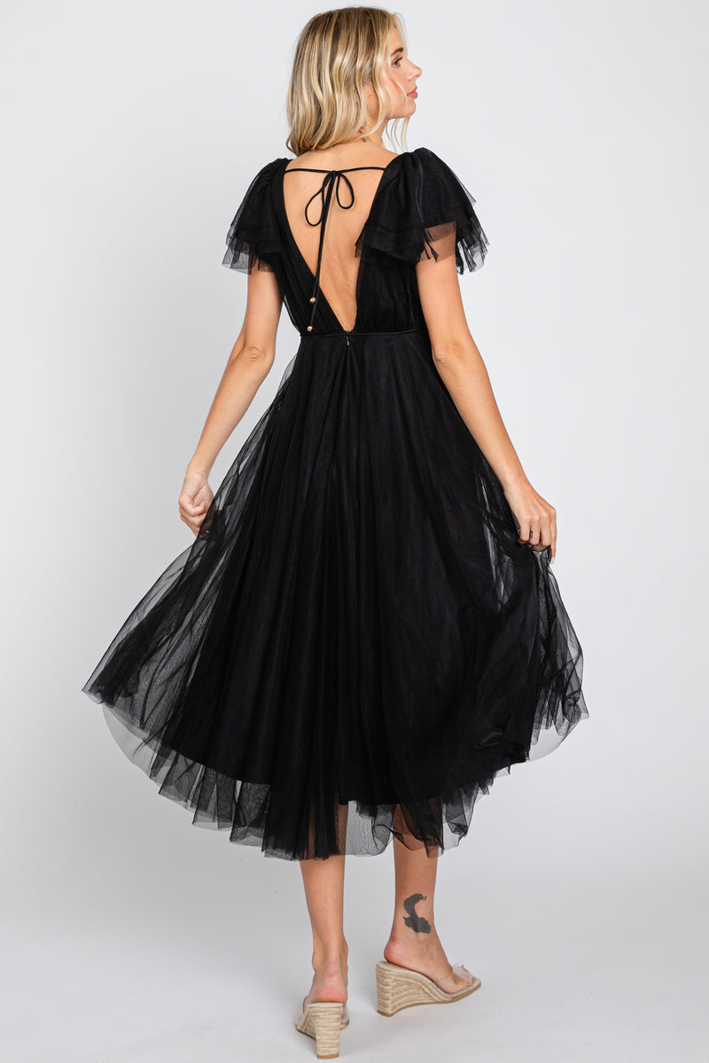 Black Tulle V-Neck Flutter Sleeve Midi Dress– PinkBlush