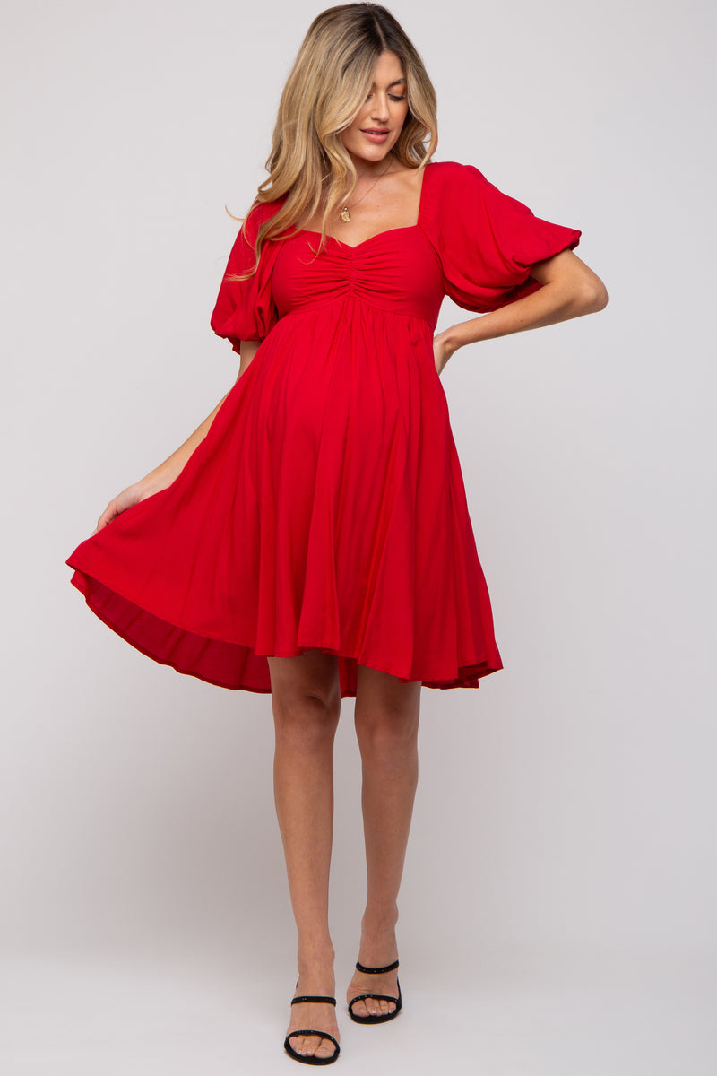 Red Puff Sleeve Maternity Dress– PinkBlush