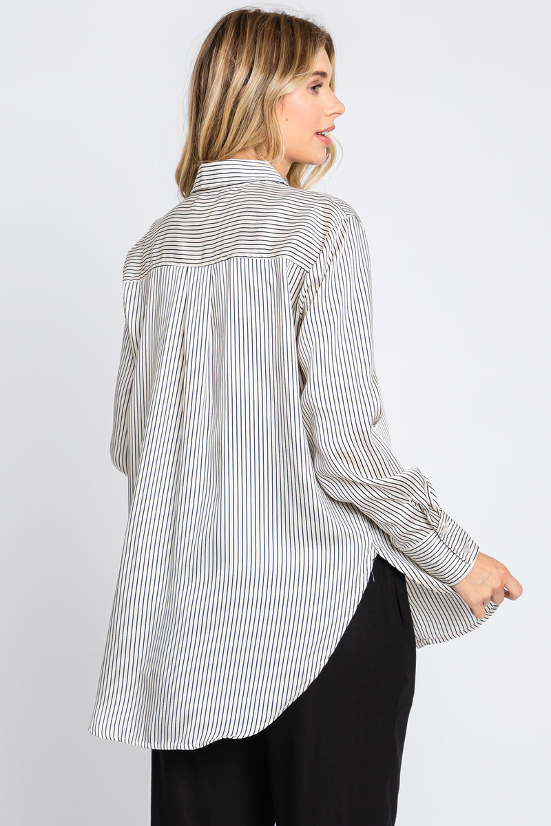 Grey Striped Button Up Long Sleeve Top – PinkBlush