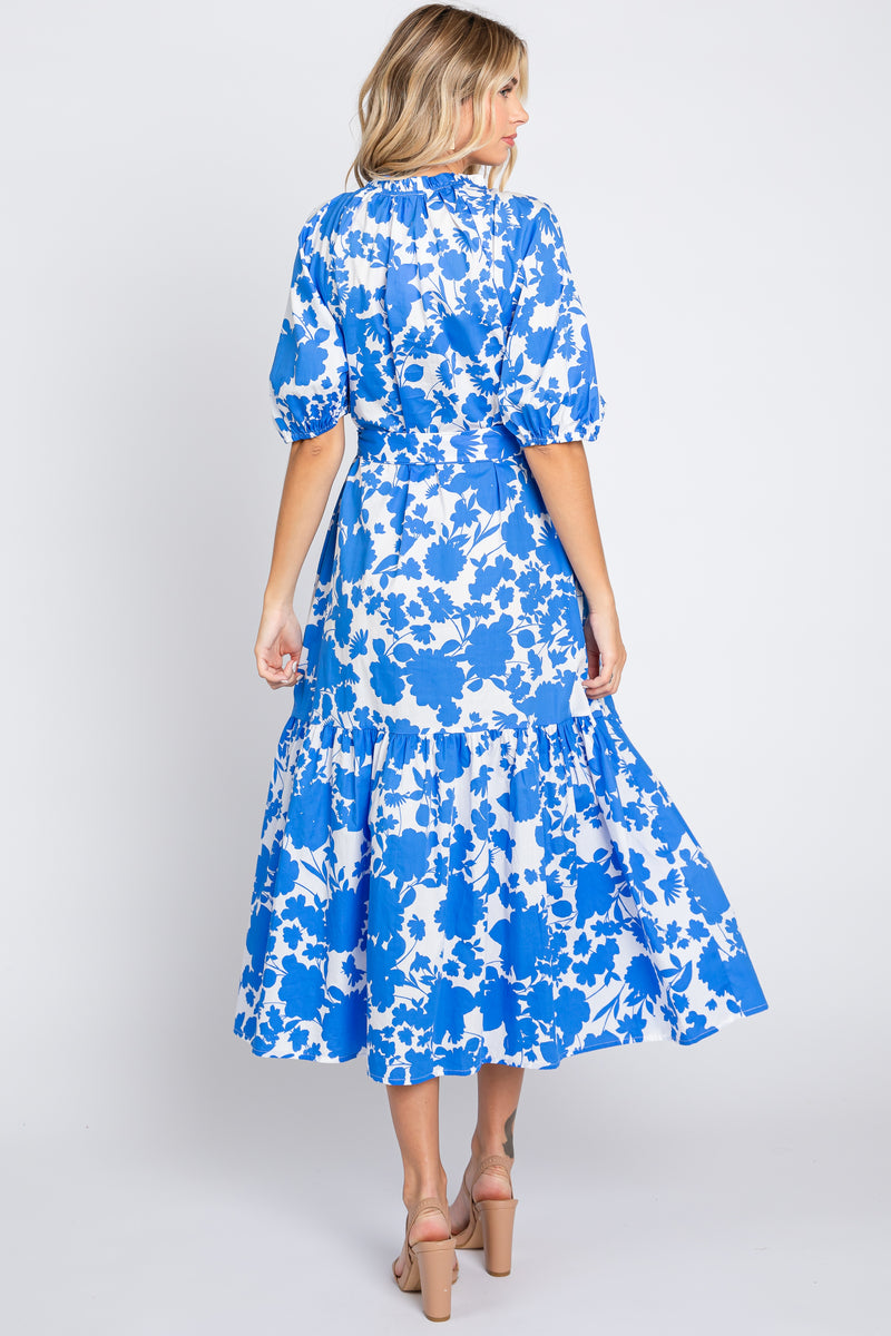 Blue Floral Button Up Puff Sleeve Midi Dress – PinkBlush