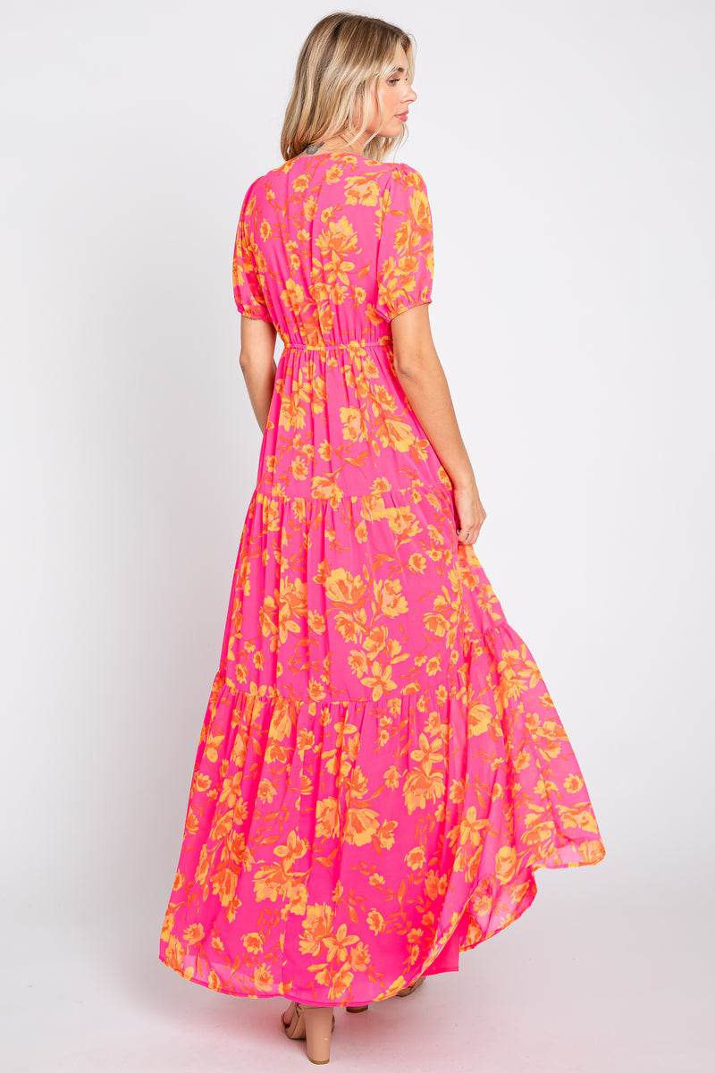 Neon Pink Floral Front Button Tiered Maxi Dress – PinkBlush