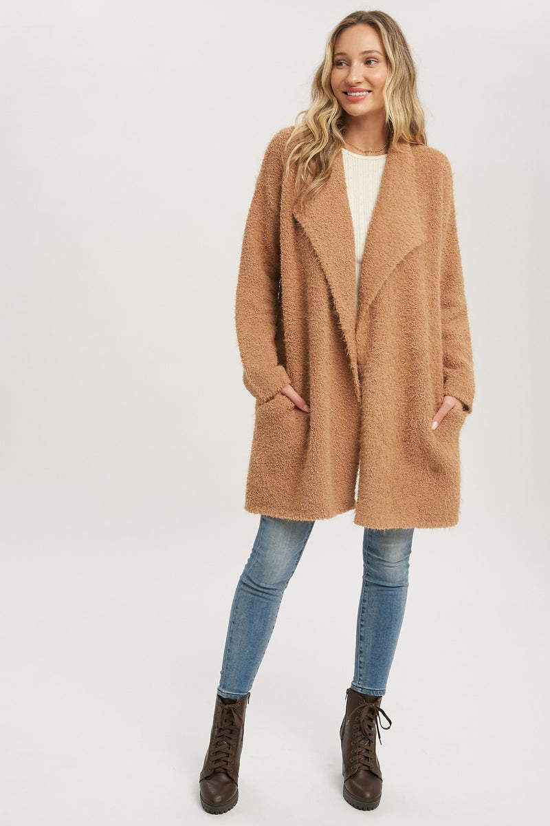 Camel Fuzzy Knit Draped Cardigan – PinkBlush