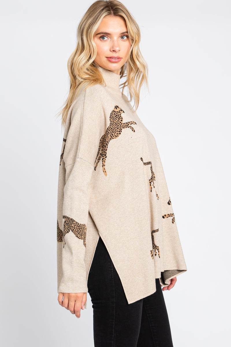 Beige Animal Print Side Slit Sweater– PinkBlush