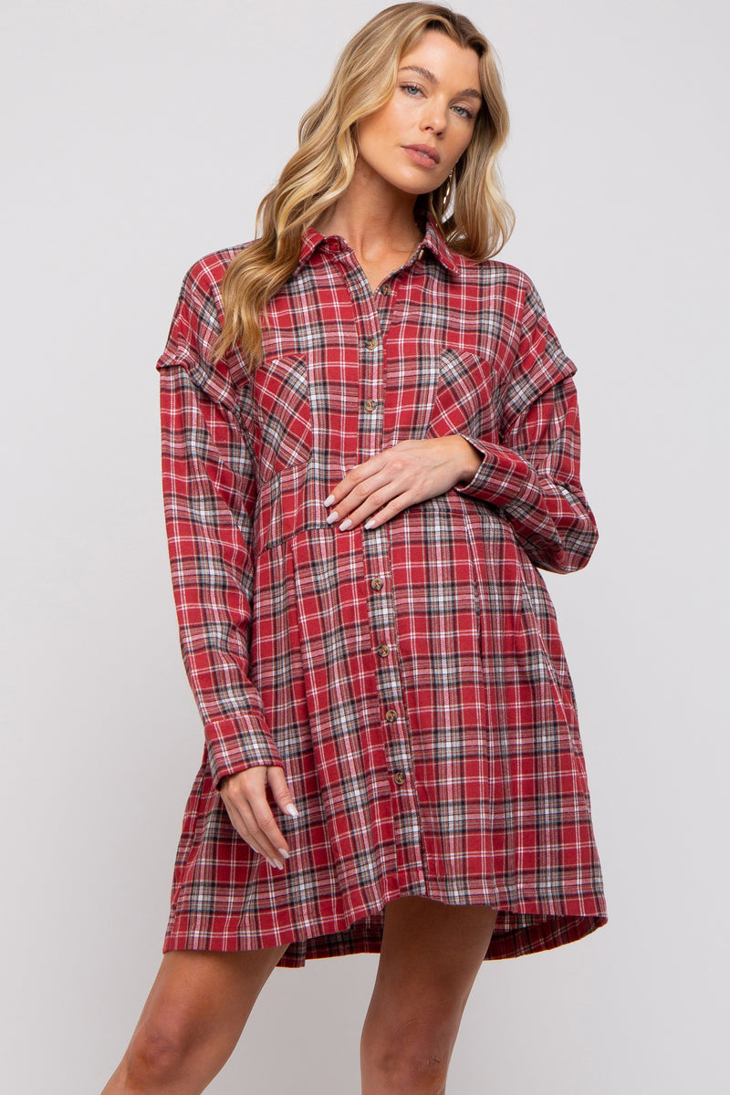 Burgundy Plaid Button Front Long Sleeve Maternity Dress– PinkBlush