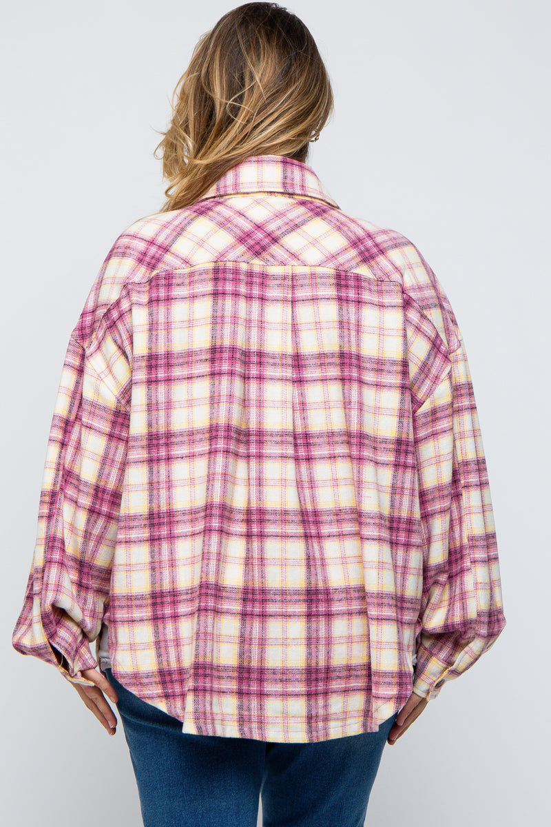 Magenta Flannel Plaid Button Up Maternity Plus Shacket – PinkBlush