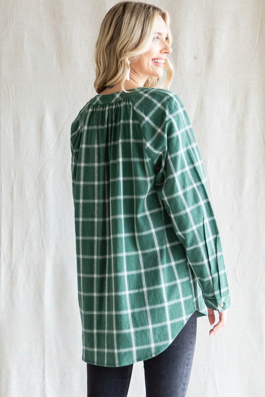 Green Plaid Button Down Long Sleeve Top– PinkBlush