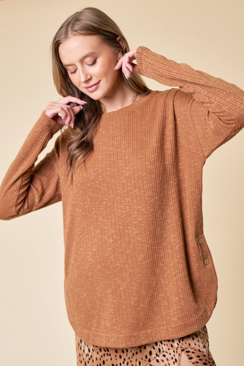 Camel Ribbed Round Hem Button Top– PinkBlush