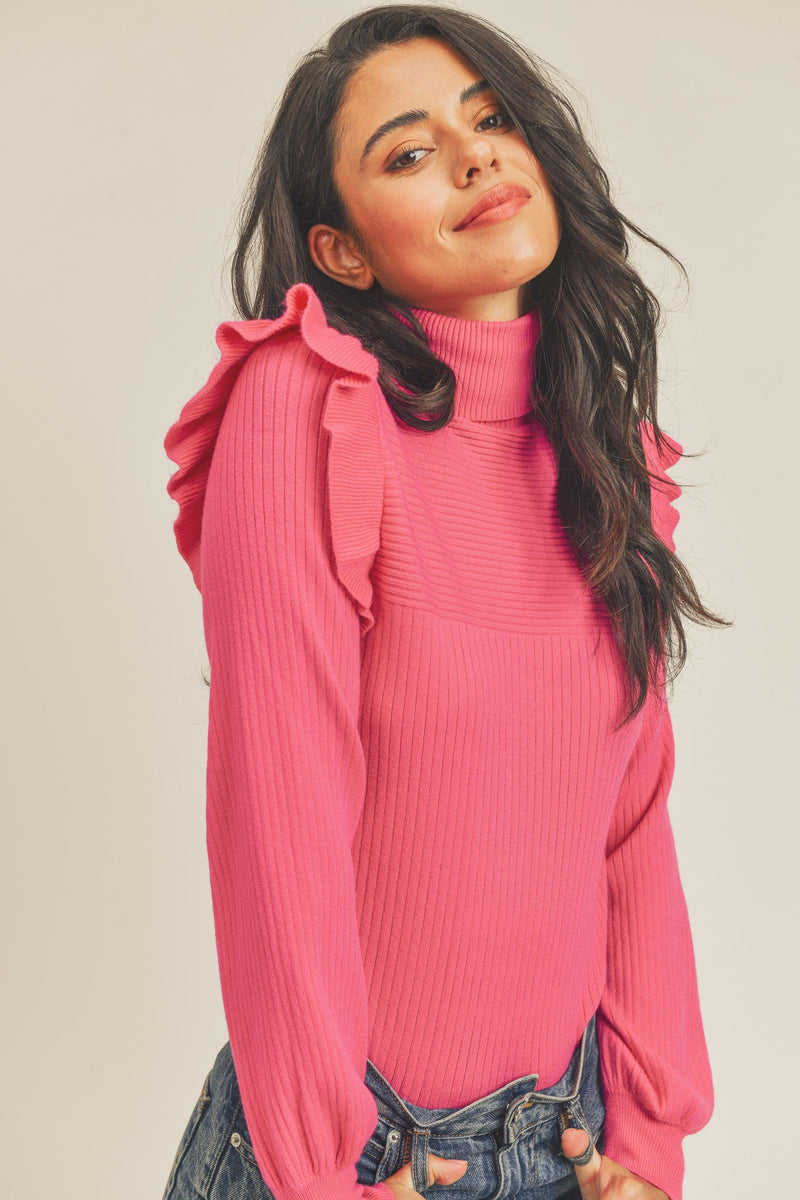 Deep Pink Shoulder Ruffle Turtleneck Sweater – PinkBlush