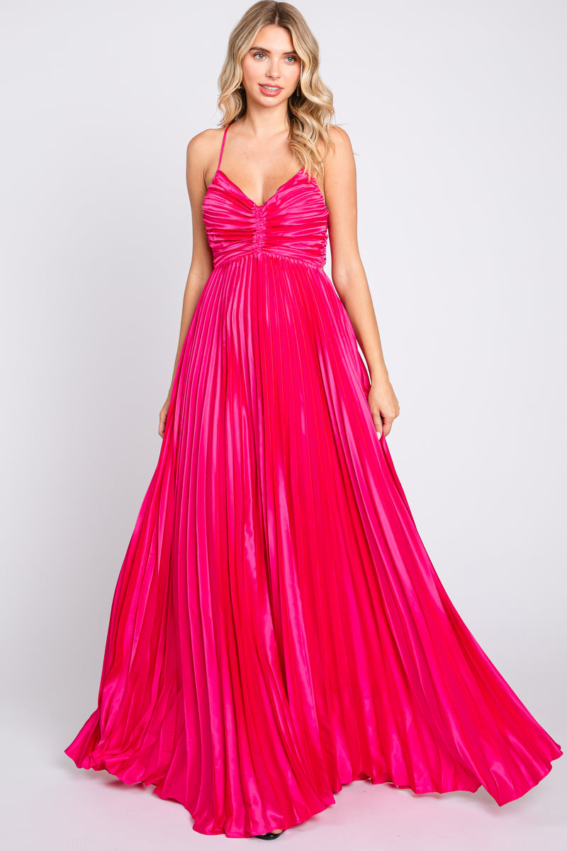 Fuchsia Satin Pleated Cutout Gown– PinkBlush