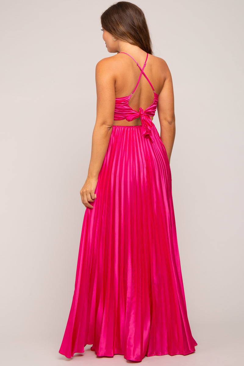 Fuchsia Satin Pleated Cutout Maternity Gown– PinkBlush