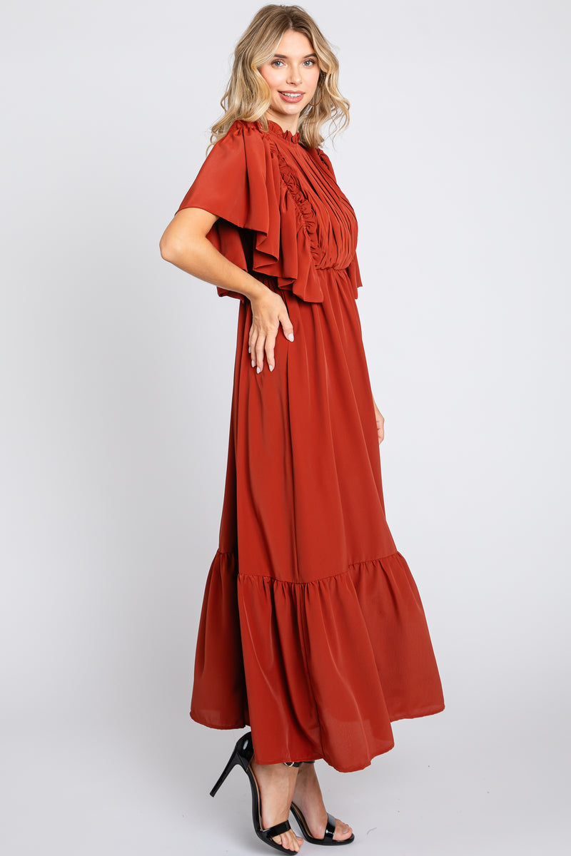 Rust Ruffle Pleated Maxi Dress – PinkBlush