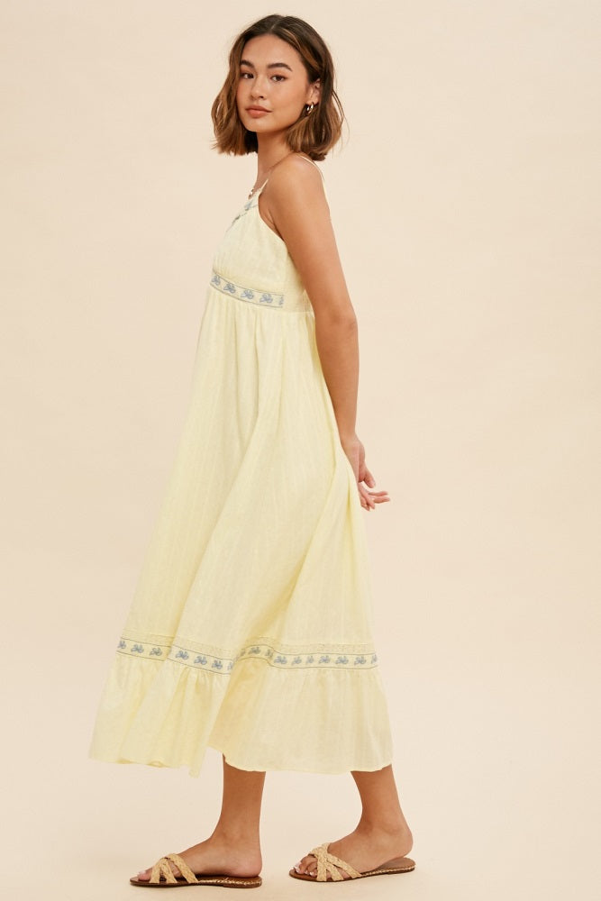 Yellow Embroidered Cami Midi Dress – PinkBlush