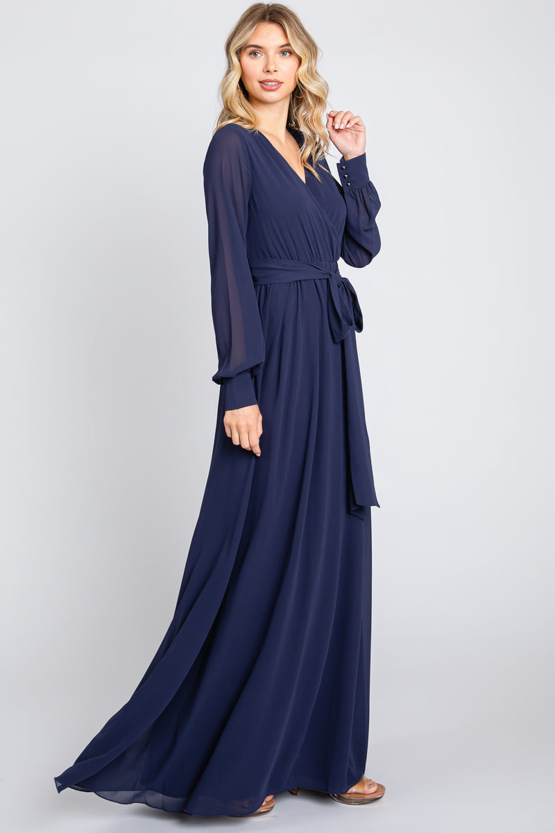 Navy Blue Chiffon Wrap Gown– PinkBlush