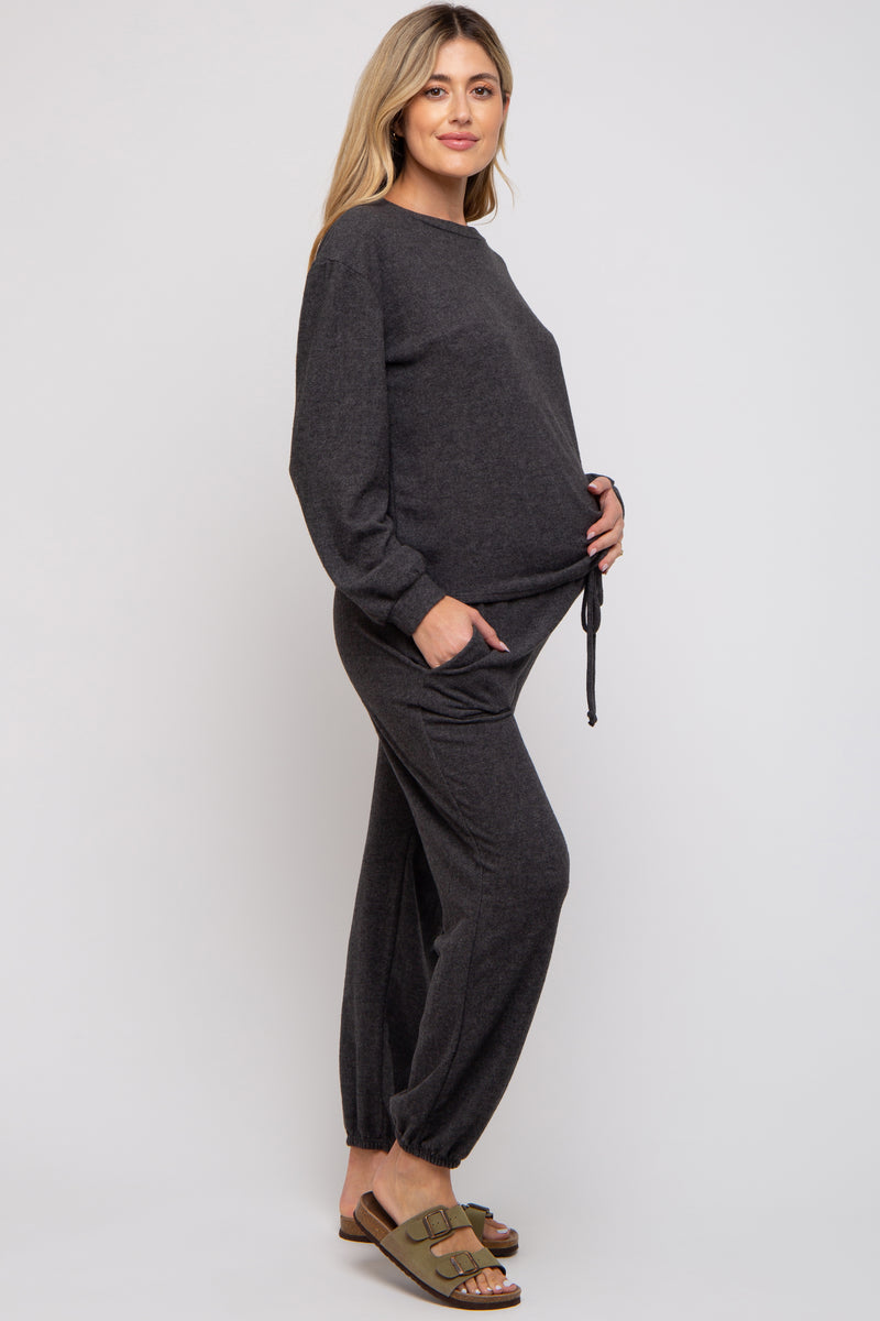 Charcoal Soft Knit Brushed Long Sleeve Maternity Lounge Set – PinkBlush