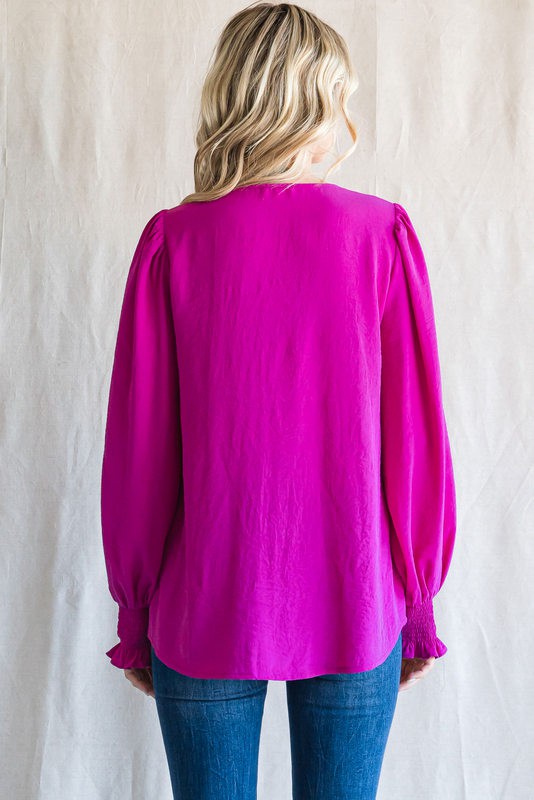 Magenta Button Front Long Smocked Sleeve Blouse – PinkBlush