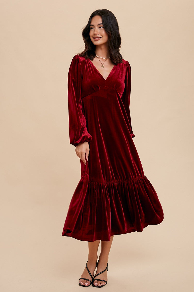 Burgundy V-Neck Ruffle Hem Velvet Midi Dress– PinkBlush