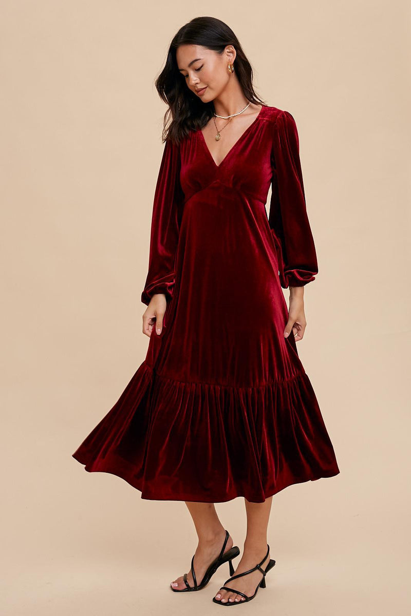 Burgundy V-Neck Ruffle Hem Velvet Midi Dress– PinkBlush