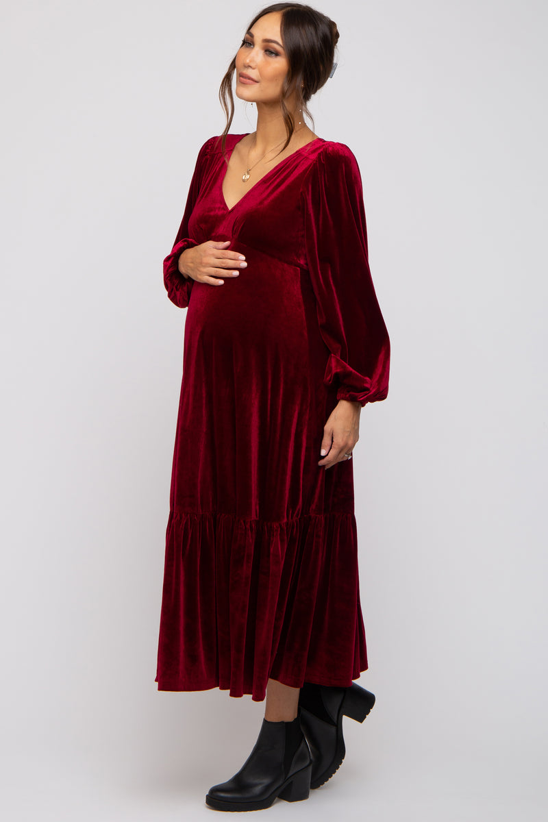 Burgundy V-Neck Ruffle Hem Velvet Maternity Midi Dress – PinkBlush