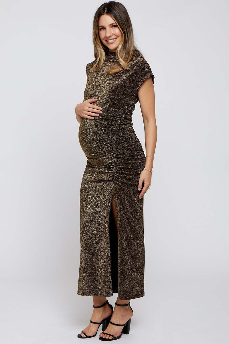 Gold Glitter Mock Neck Maternity Midi Dress– PinkBlush