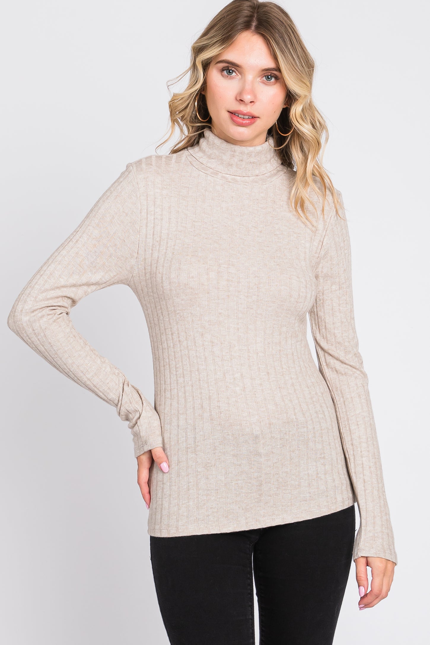 Beige Ribbed Long Sleeve Maternity Turtle Neck Top– PinkBlush