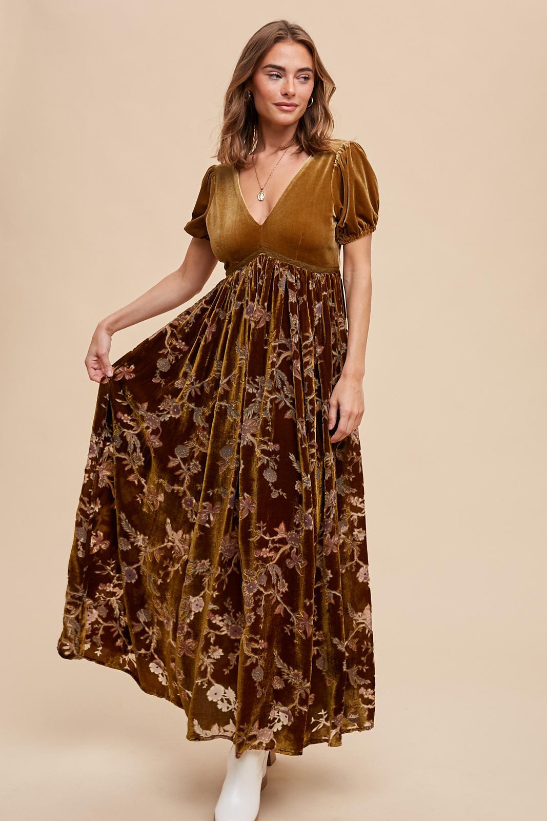 Camel Floral Burnout Velvet Maxi Dress – PinkBlush