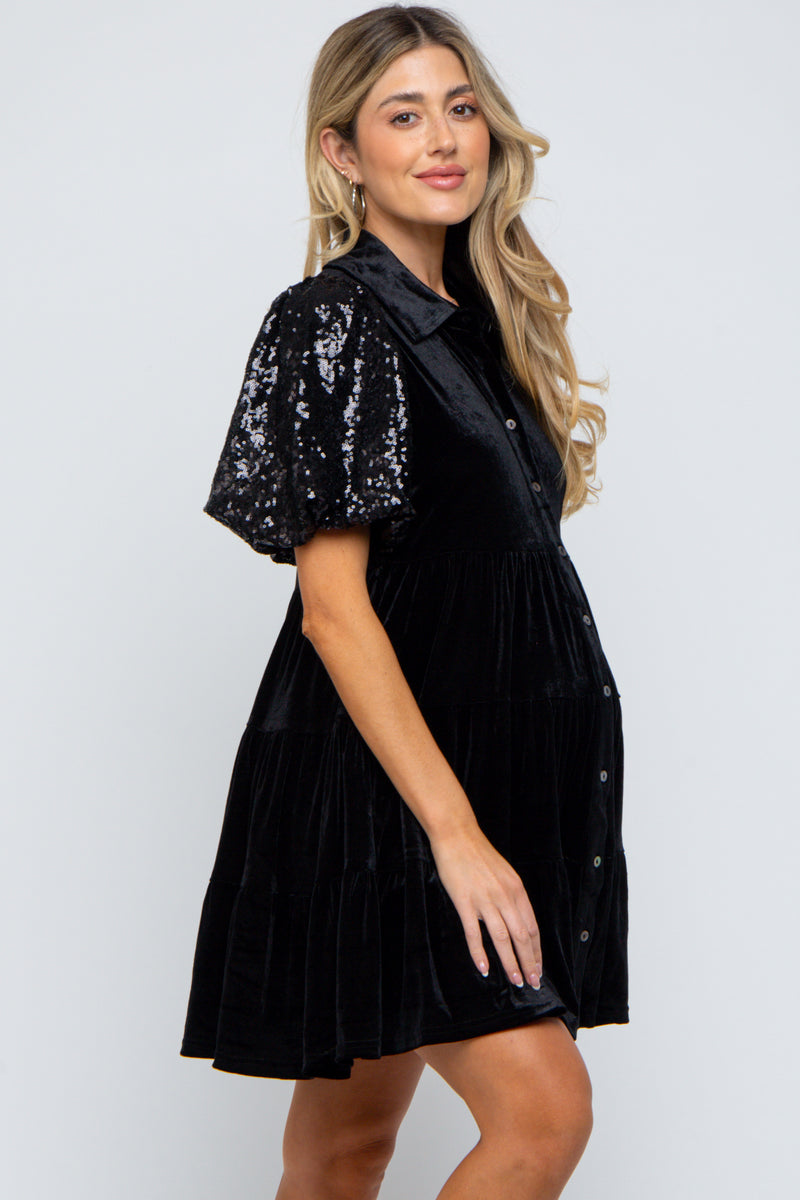 Black Velvet Tiered Sequin Short Sleeve Maternity Dress – PinkBlush