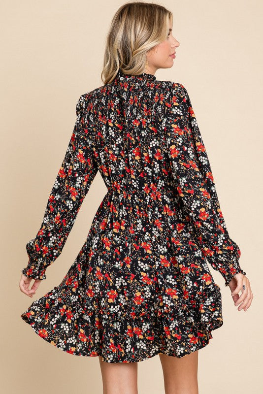 Black Floral Print Smocked Yoke Dress – PinkBlush