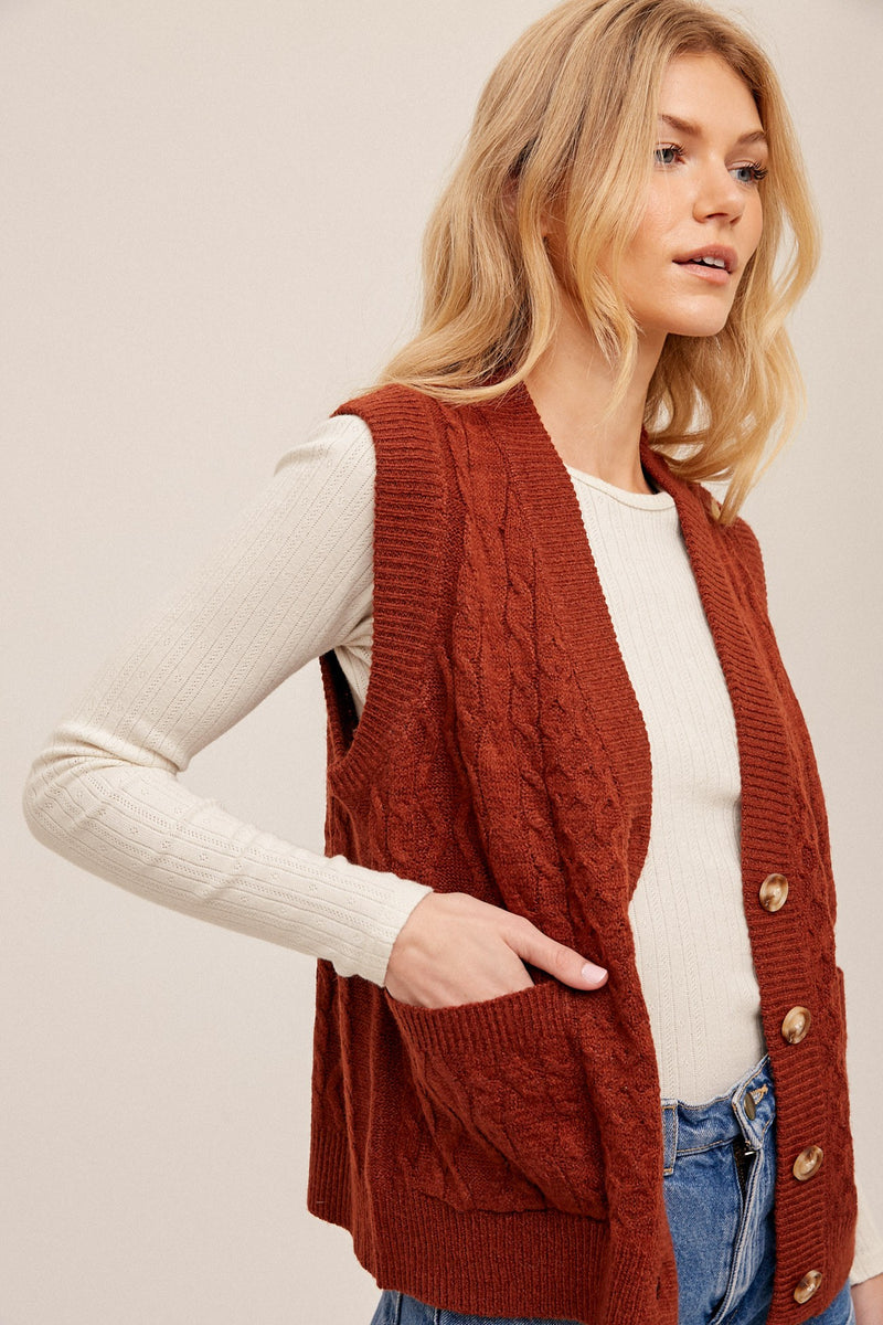 Rust Cable Knit Oversized Sweater Vest With Pockets – PinkBlush