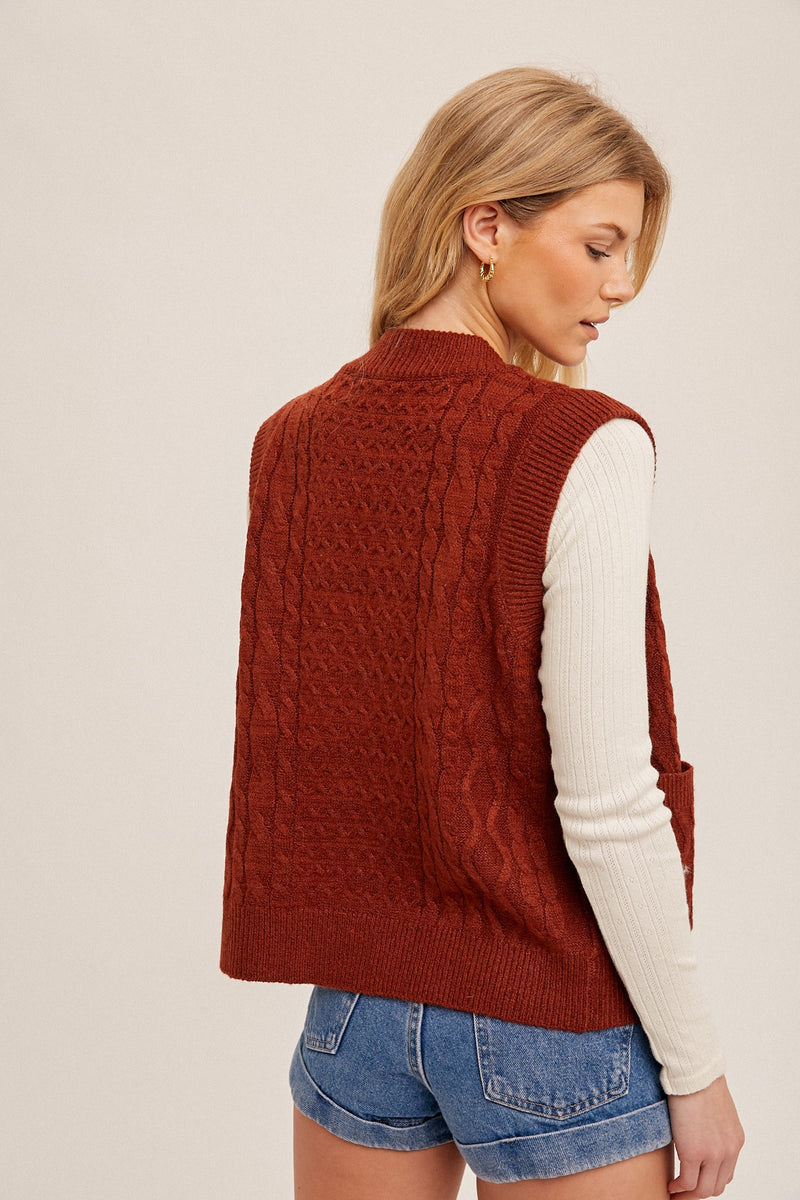 Rust Cable Knit Oversized Sweater Vest With Pockets – PinkBlush