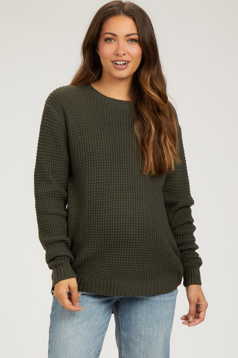 Olive Waffle Knit Round Hem Maternity Sweater – PinkBlush