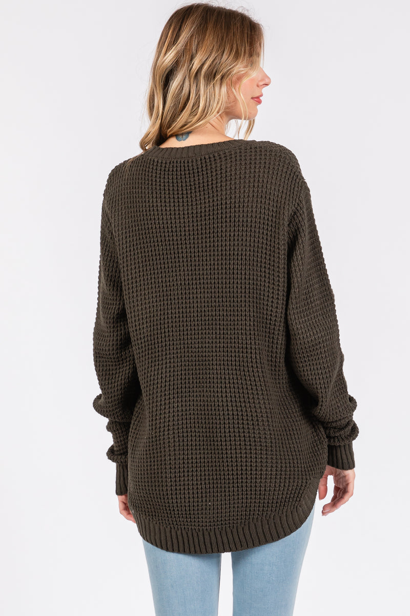 Olive Waffle Knit Round Hem Sweater– PinkBlush