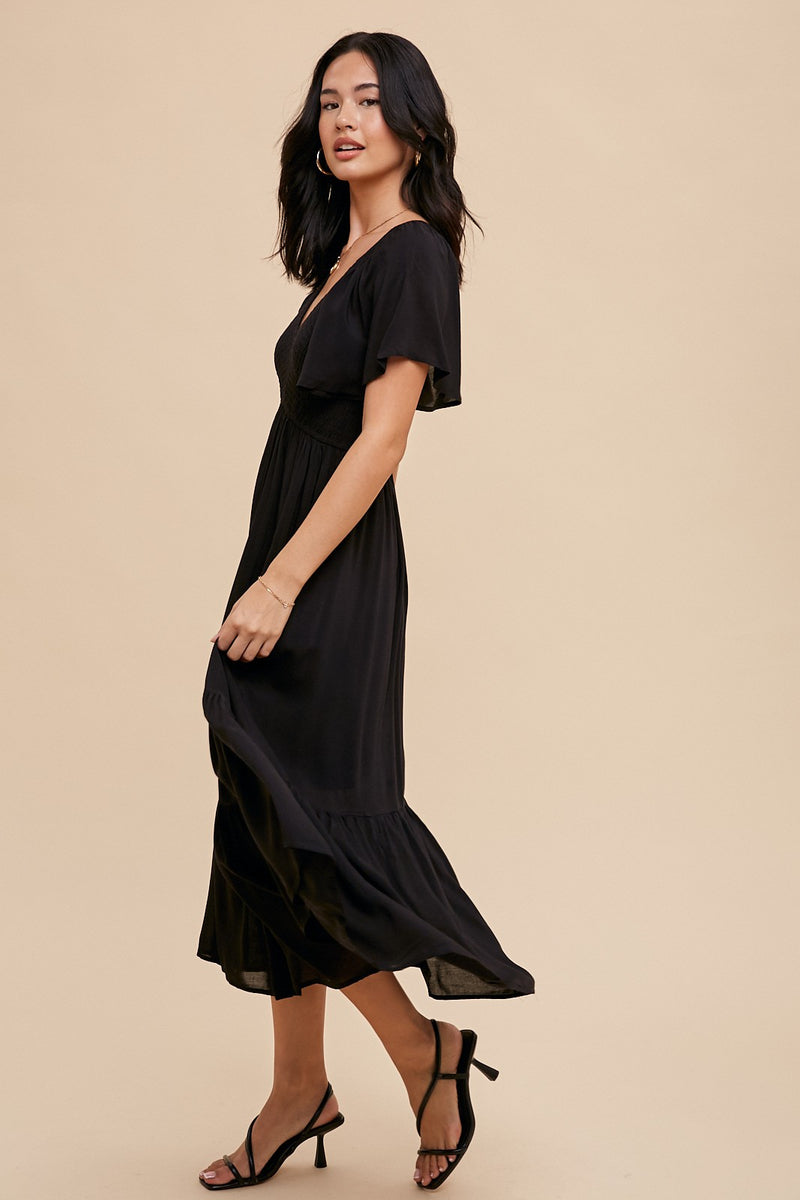 Black Smocked Flutter Sleeve Midi Dress– PinkBlush