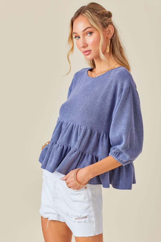 Blue Ribbed Knit Multi Tiered Ruffle Top– PinkBlush