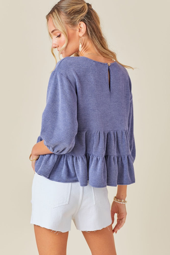 Blue Ribbed Knit Multi Tiered Ruffle Top– PinkBlush