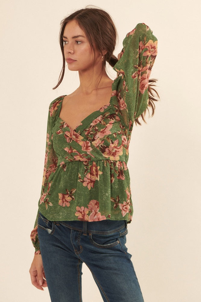 Green Pleated Floral Chiffon Peplum Peasant Top– PinkBlush