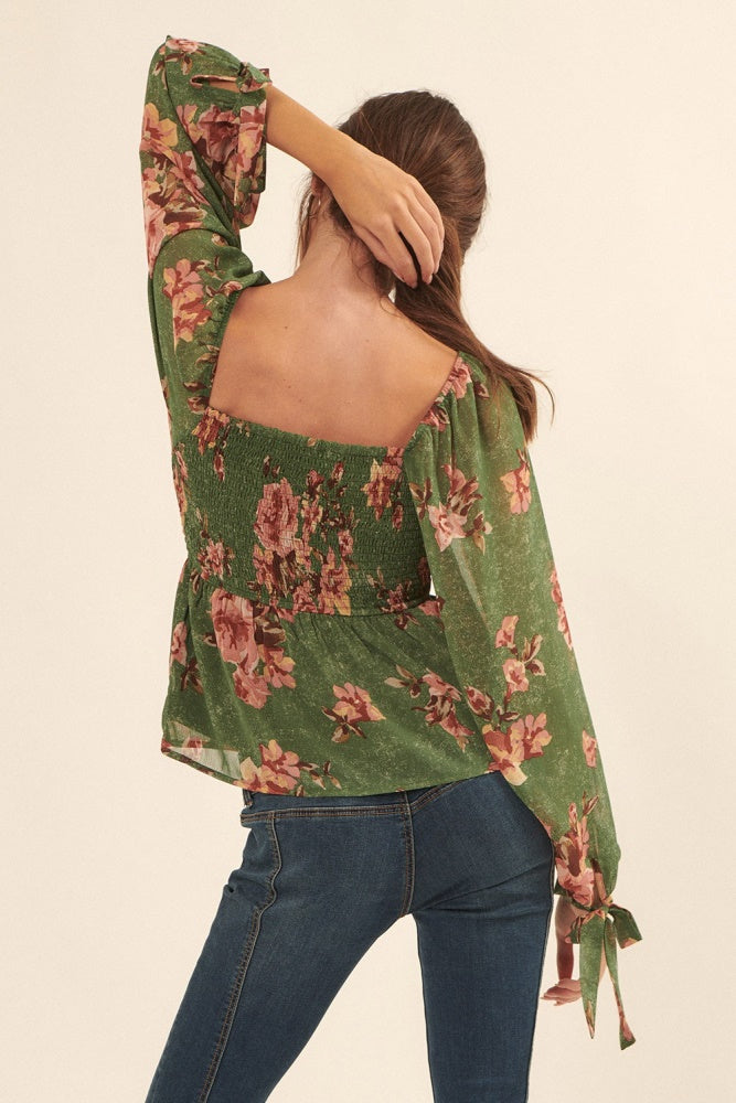 Green Pleated Floral Chiffon Peplum Peasant Top – PinkBlush