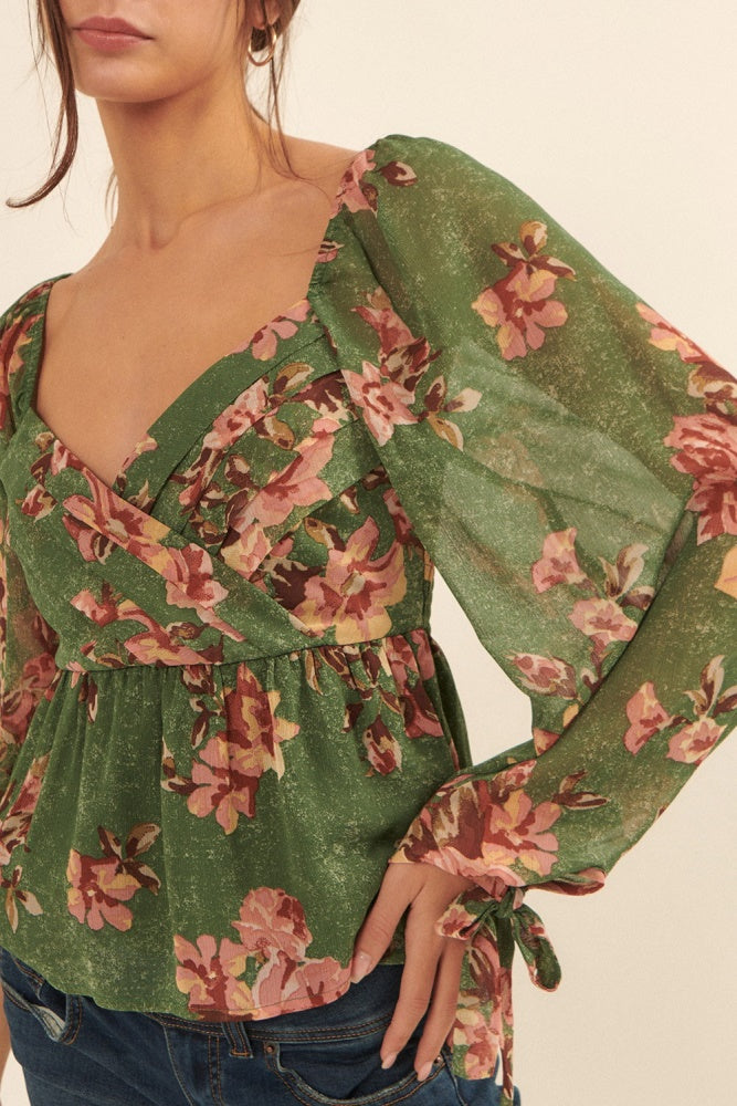 Green Pleated Floral Chiffon Peplum Peasant Top – PinkBlush