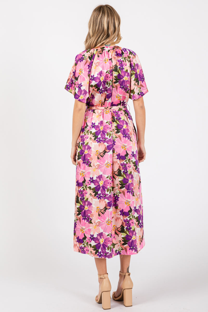 Violet Floral V-Neck Short Puff Sleeve Tie Waist Satin Midi Dress ...