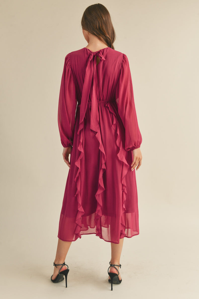 Magenta Berry Ruffle Trim Puff Sleeve Midi Dress– PinkBlush