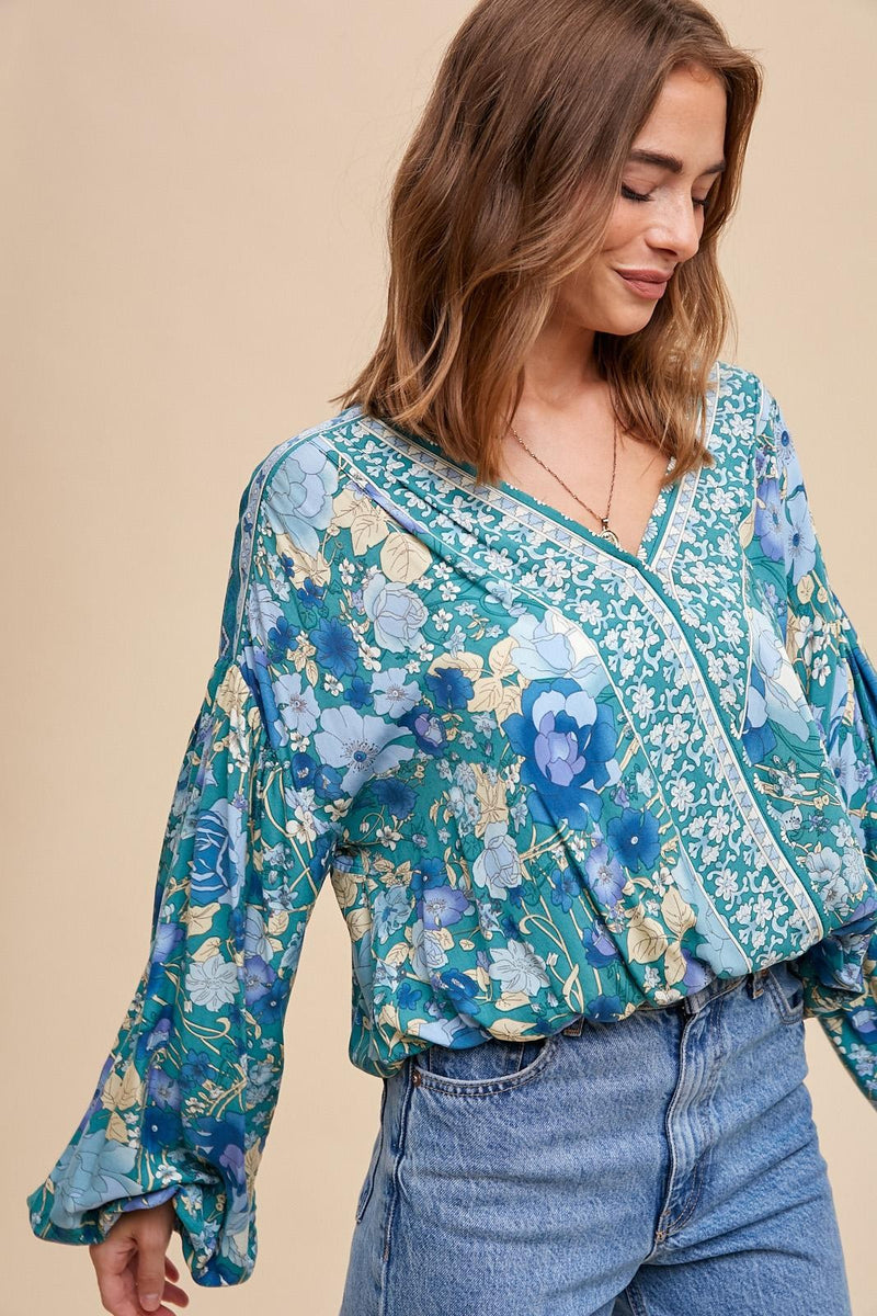 Emerald Teal Surplice Wrap Border Print Blouse– PinkBlush